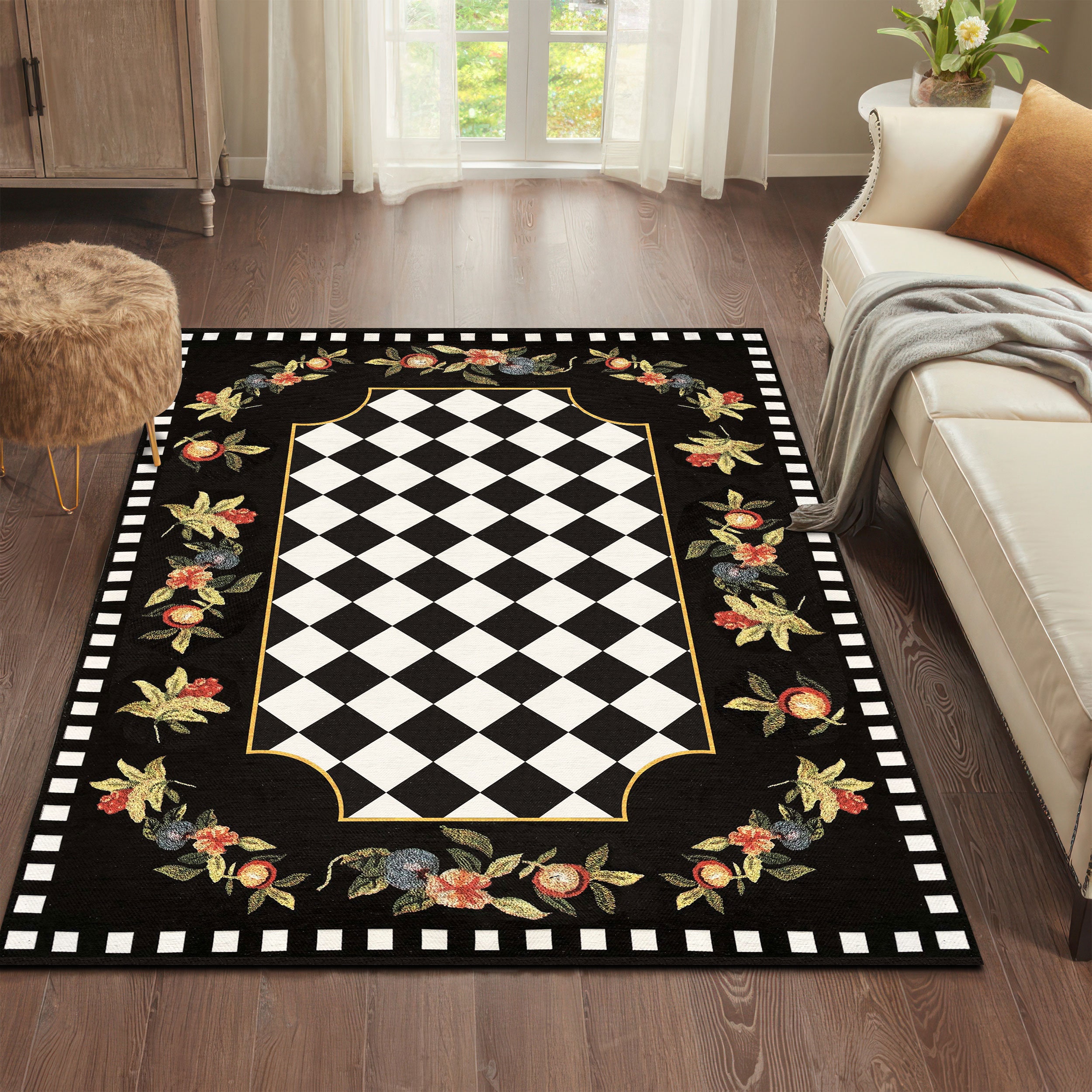 Checkered Rug, Black Border on Check Pattern Nonslip Area Rug, Black ...