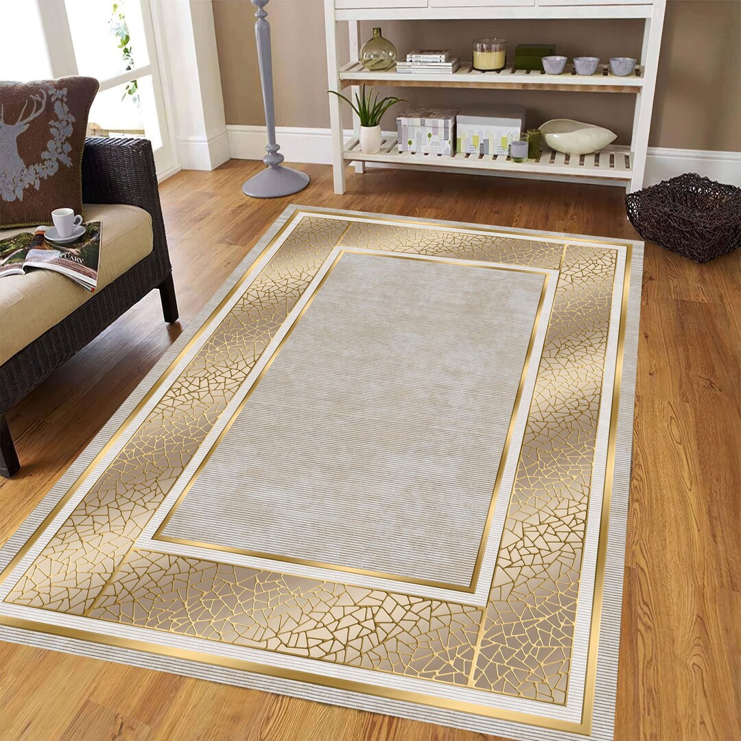 Golden Striped Beige Rug, Beige Gold Rug, Washable Area Rugs, Rugs for ...