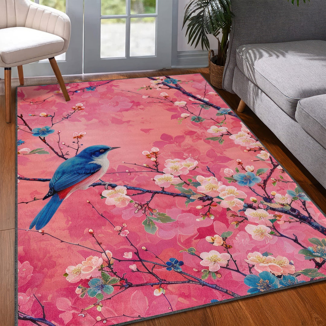 Vibrant Blossom and Blue Bird Area Rug: Enchanting Floral and Fauna ...
