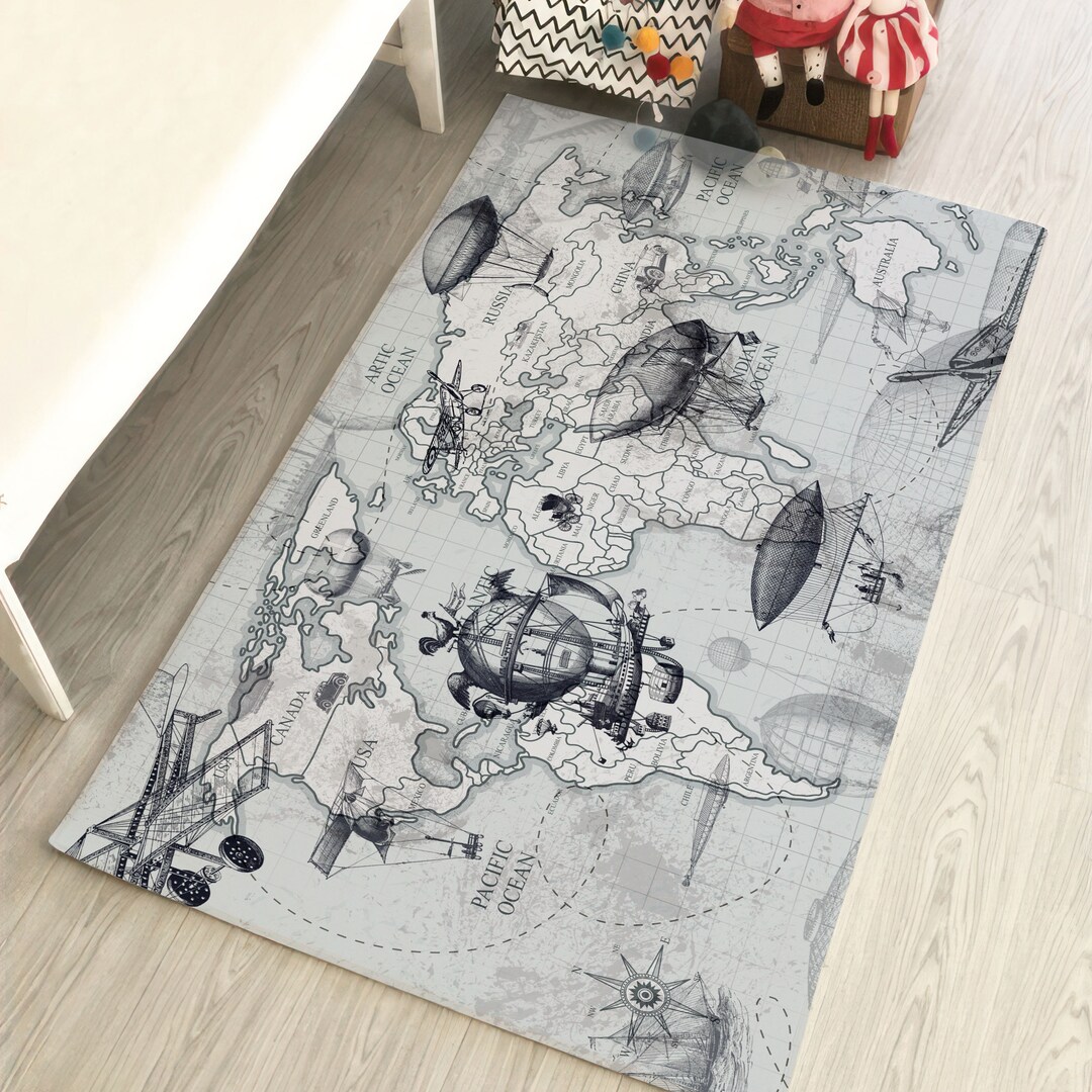 World Map Children's Rug, Balloons, Aircraft, Cars, Ships, Travel ...