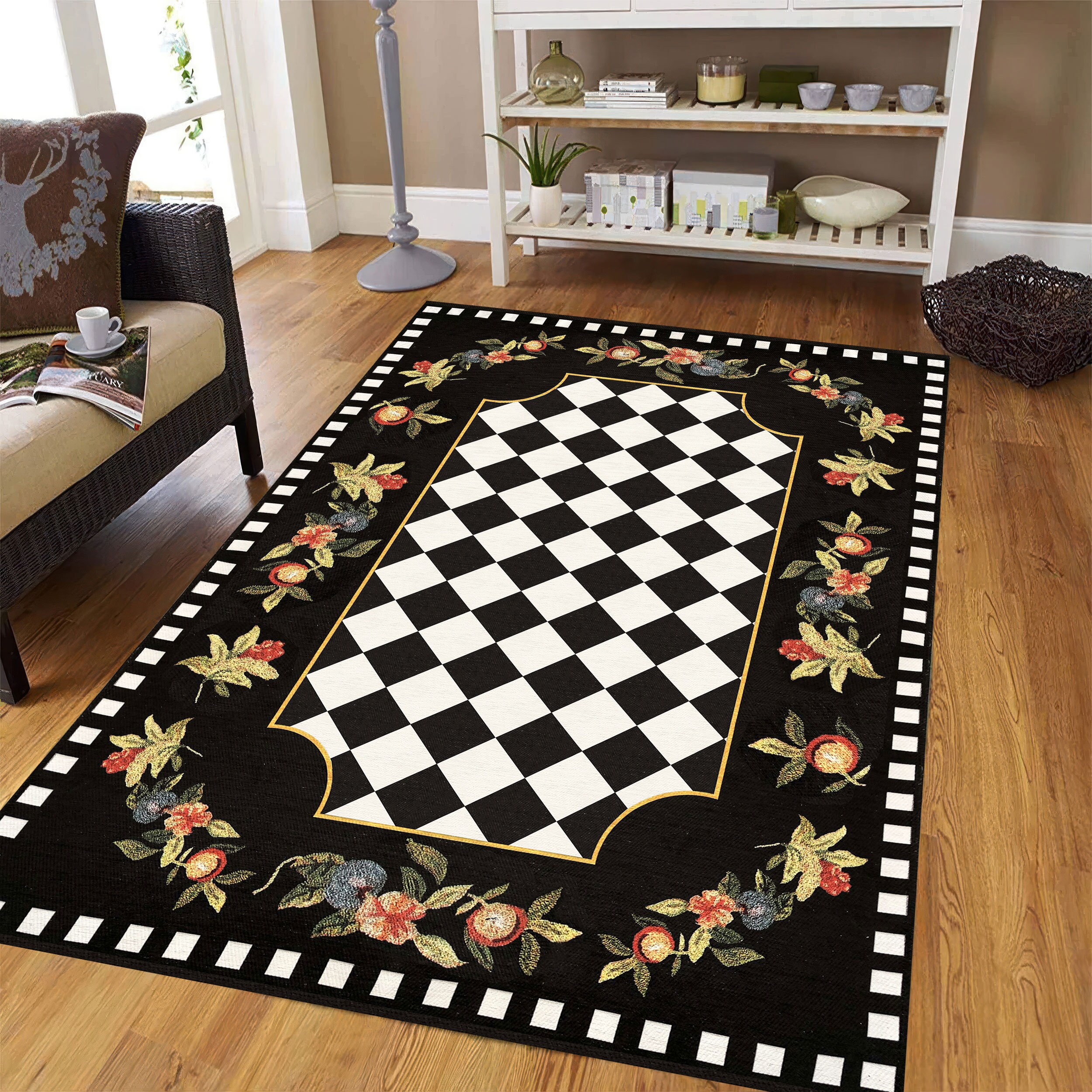 Checkered Rug, Black Border on Check Pattern Nonslip Area Rug, Black ...