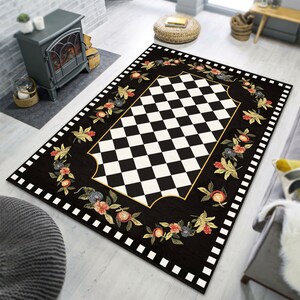 Checkered Rug, Black Border on Check Pattern Nonslip Area Rug, Black ...
