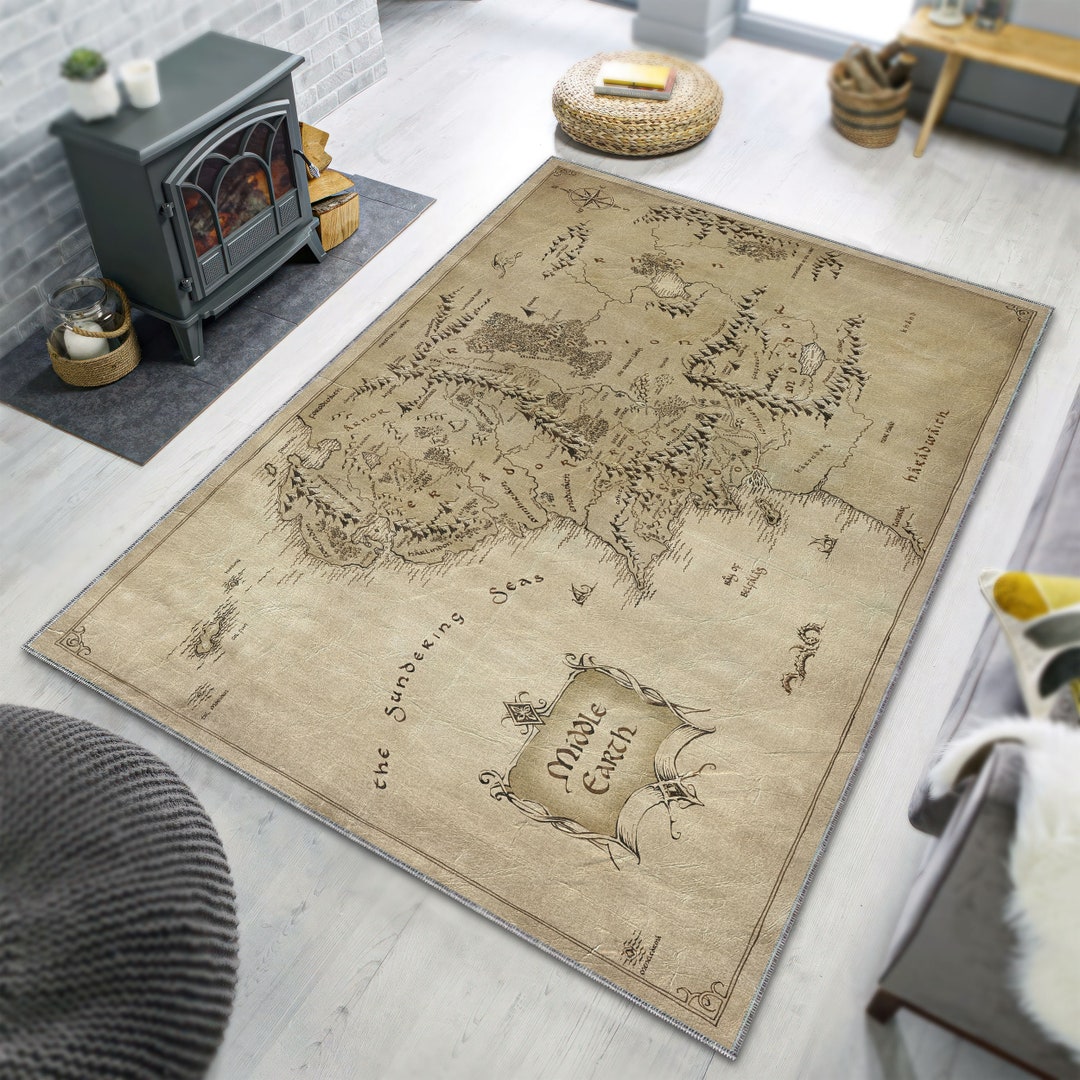 Middle Earth Map Area Rug, Beige Movie Map Carpet Mat, Movie Room LOTR ...