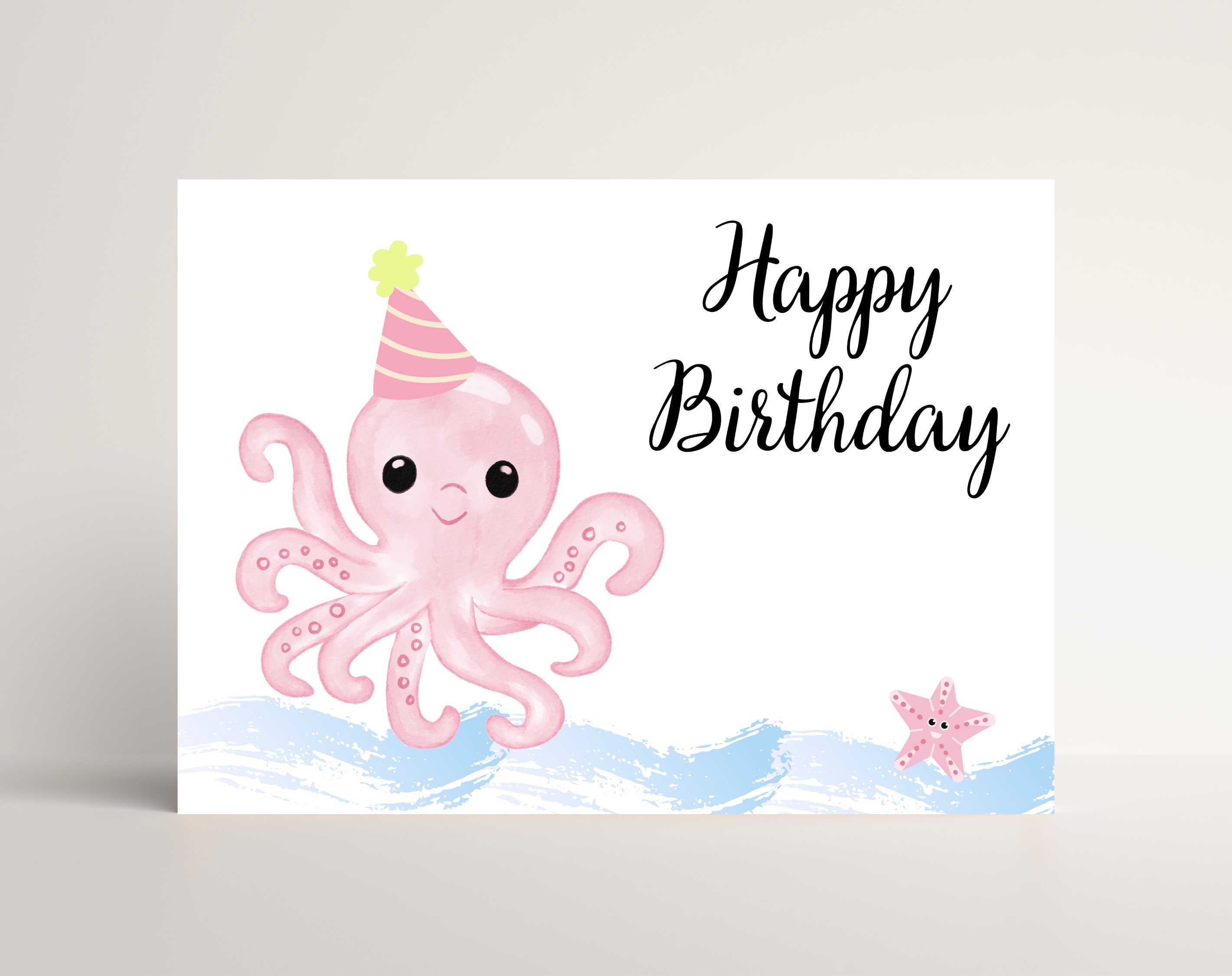 Printable Octopus Birthday Card for Kids / Fun Girl Pink Greeting Card ...