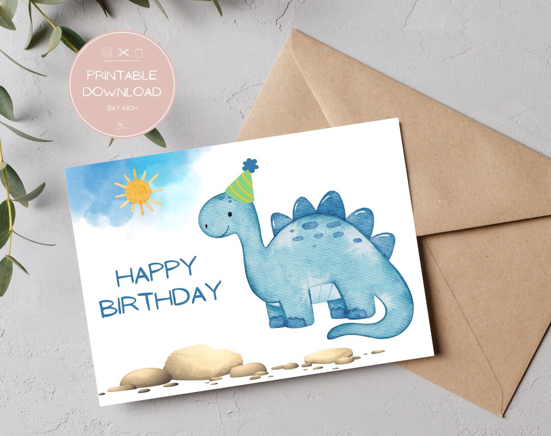 Printable Dinosaur Birthday Card for Kids / Fun Blue Boy Dino Greeting ...