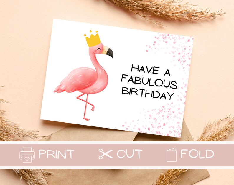 Printable Flamingo Birthday Card for Kids / Fun Girl Pink Greeting Card ...