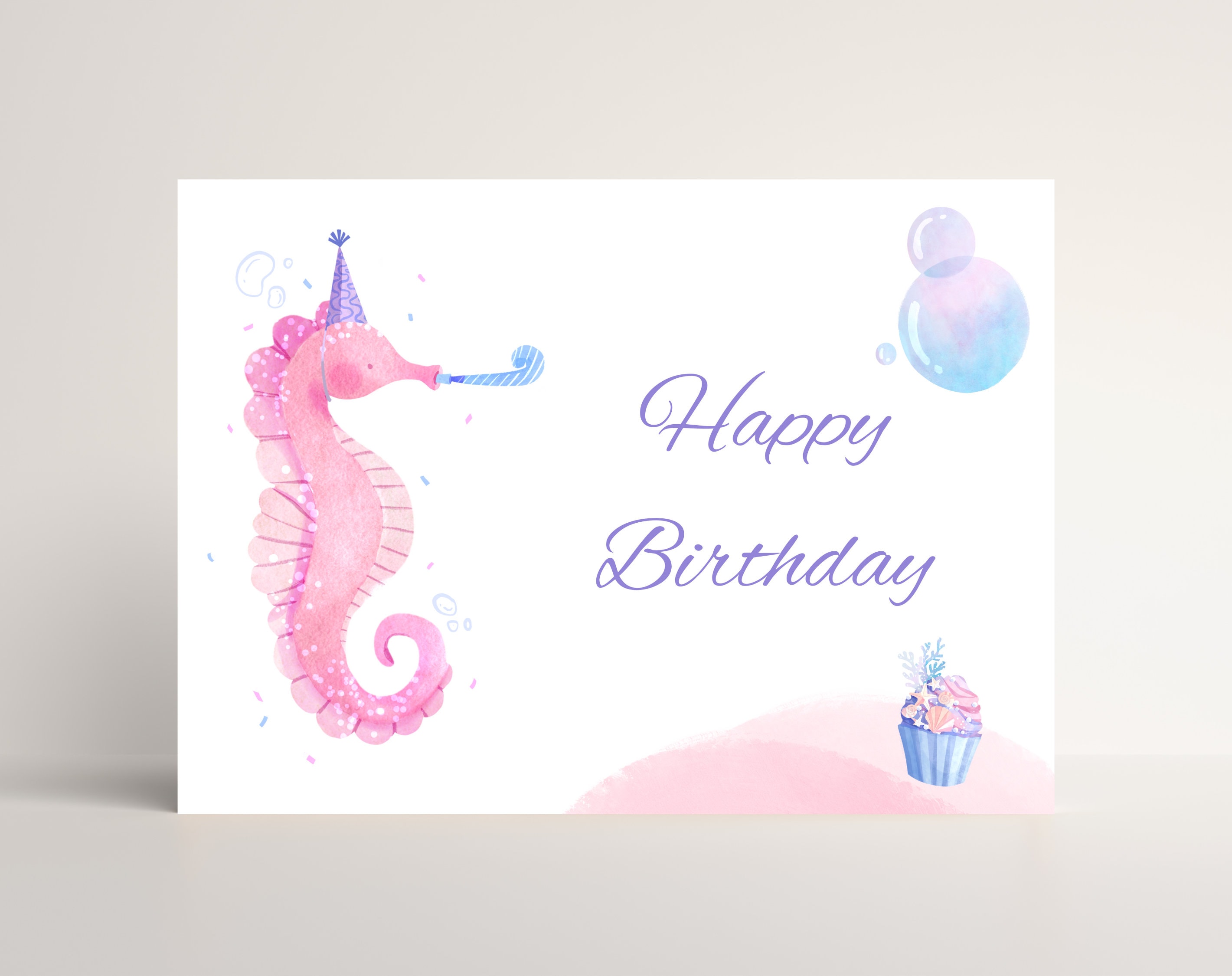 Printable Seahorse Birthday Card for Kids / Fun Girl Pink Purple ...