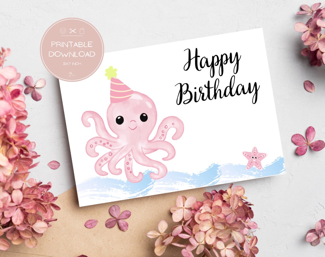 Printable Octopus Birthday Card for Kids / Fun Girl Pink Greeting Card ...