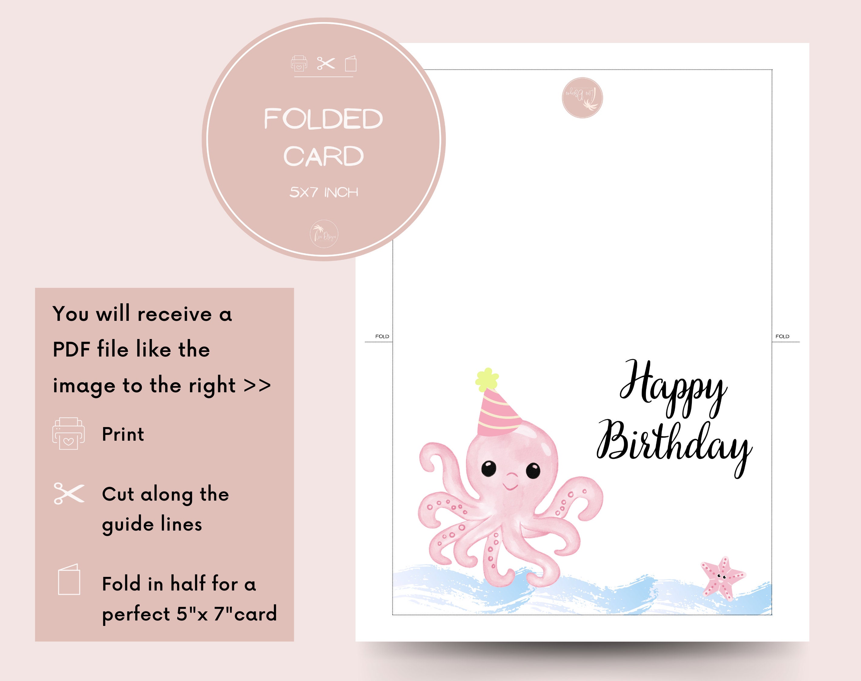 Printable Octopus Birthday Card for Kids / Fun Girl Pink Greeting Card ...