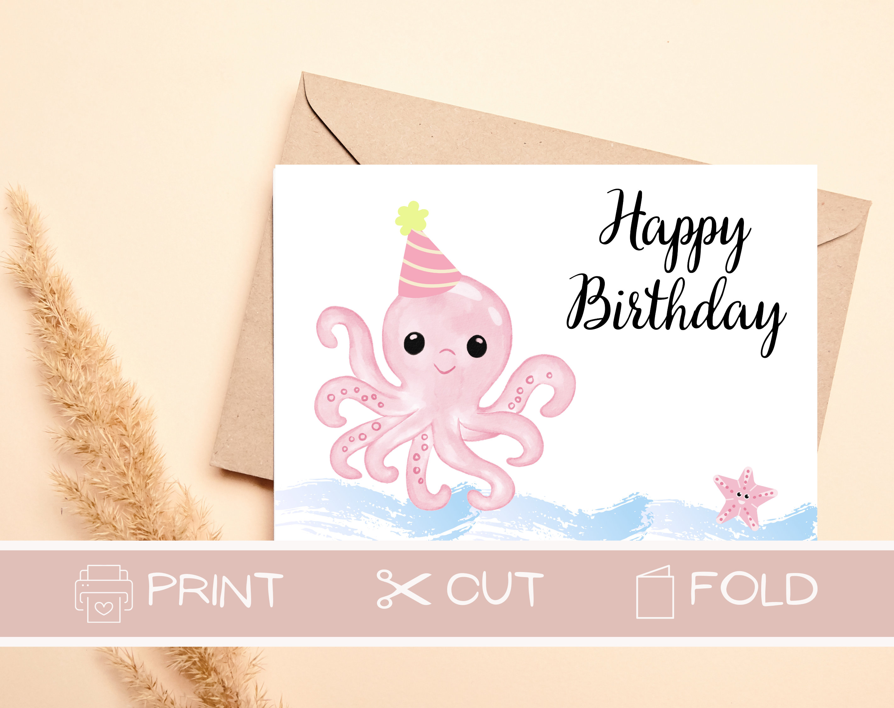 Printable Octopus Birthday Card for Kids / Fun Girl Pink Greeting Card ...