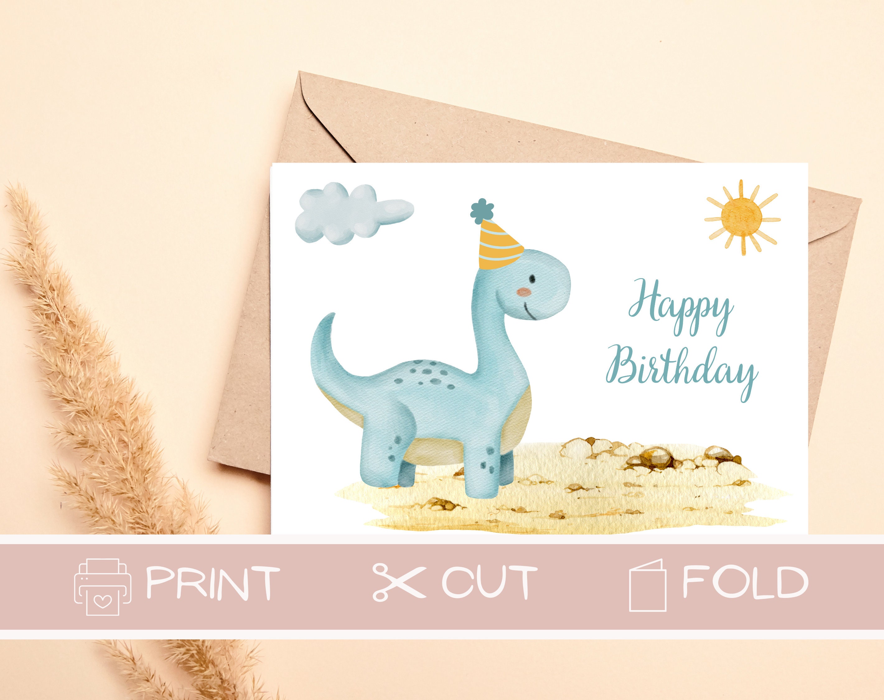 Printable Dinosaur Birthday Card for Kids / Fun Boy Blue Dino Greeting ...