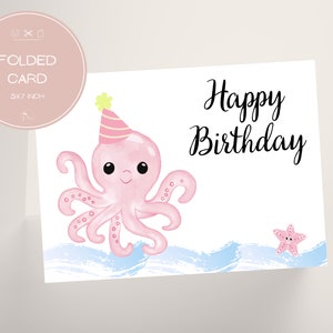 Printable Octopus Birthday Card for Kids / Fun Girl Pink Greeting Card ...