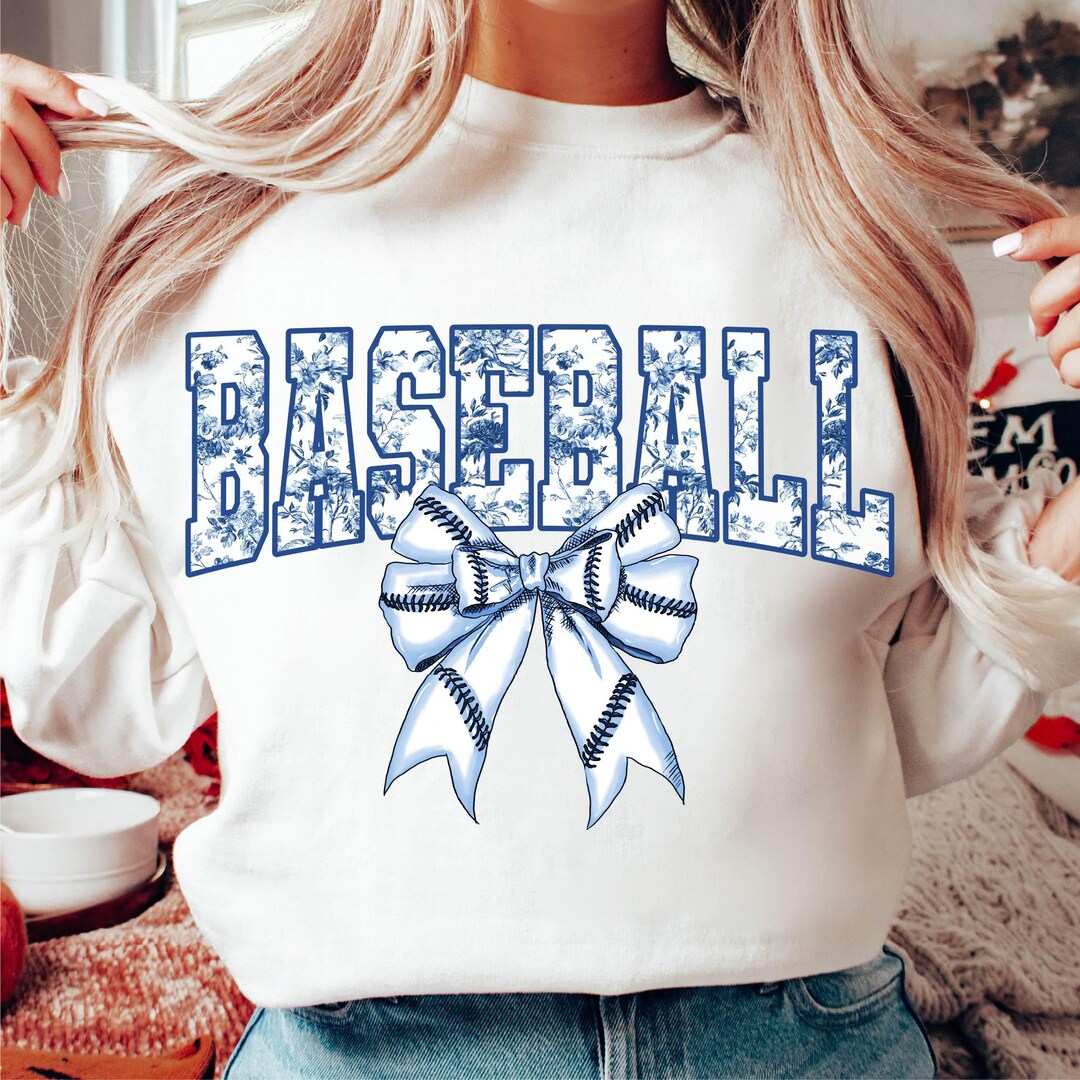 Baseball Floral Toile Blue Water Color Png, Baseball Coquette Bow Png ...