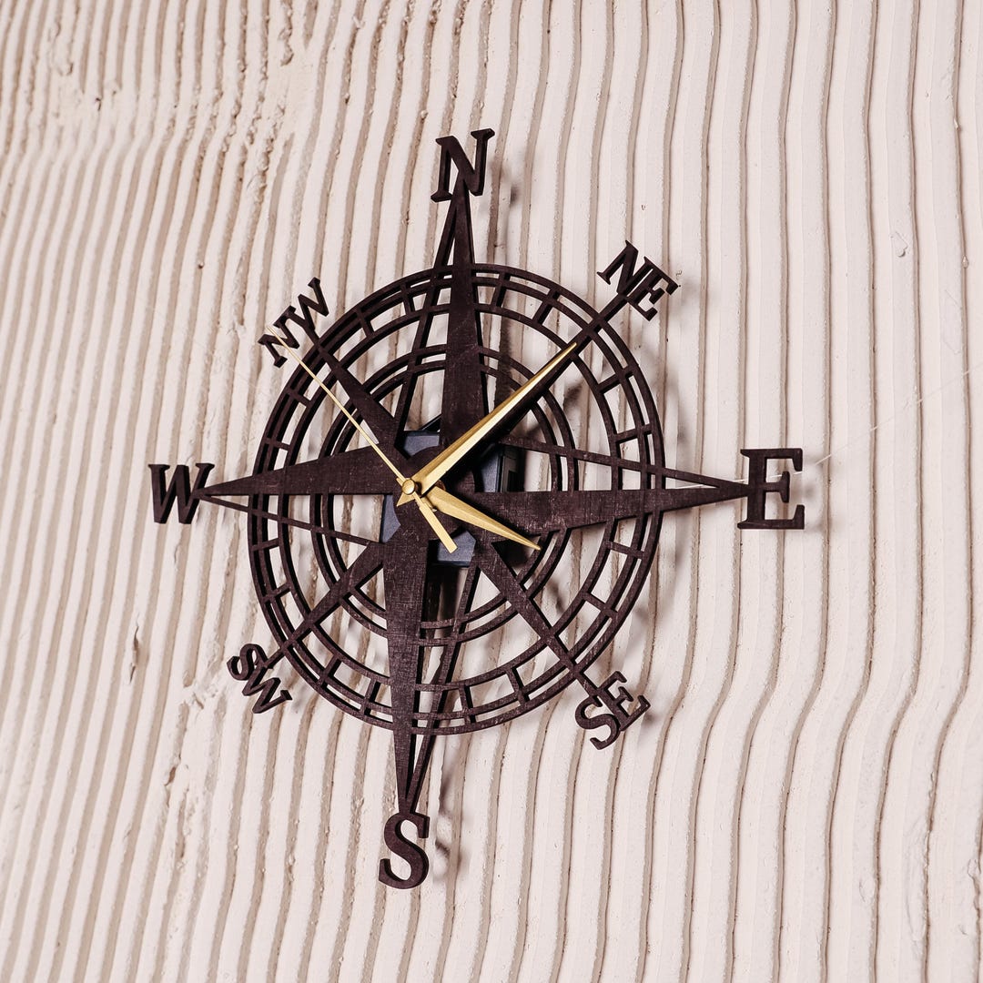 Wood Compass Wall Clock, Compass Rose Decor, Silent Wall Clock ...