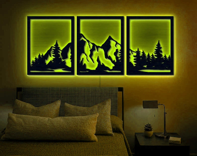 Mountain Wall Led Decor, Wood Wall Art Mountains, Mountain Wall Art ...