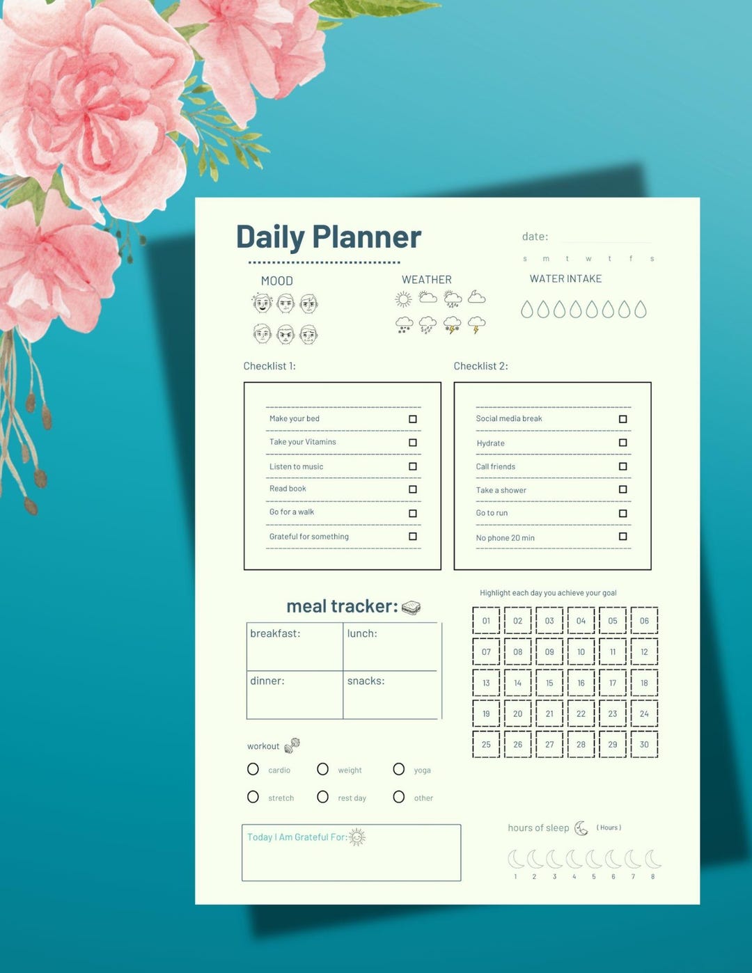 Daily Planner Printable | 5x7 in | Mood, Water, Meal, Workout, Sleep ...