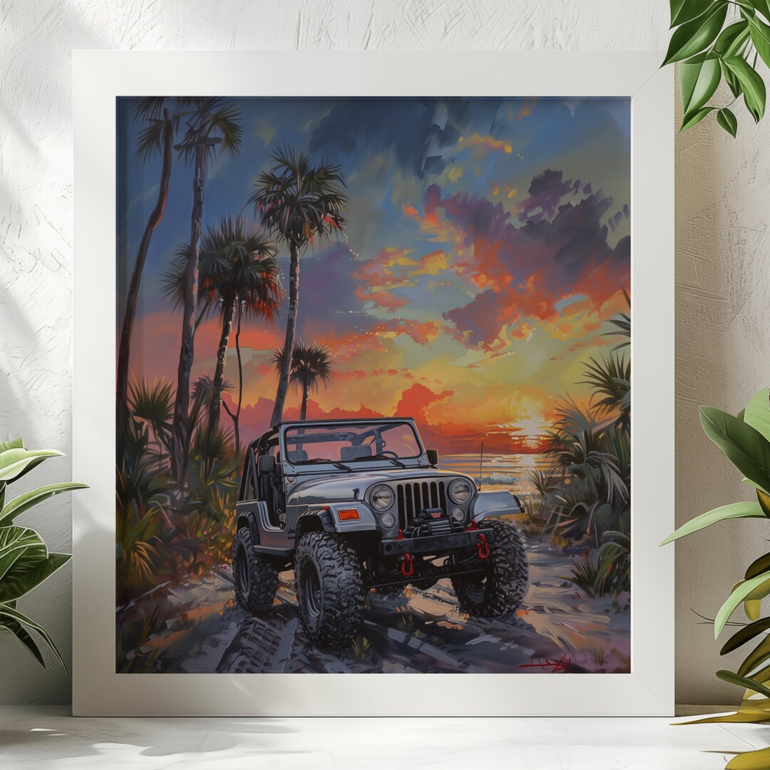 Sunset Adventure: Gray Jeep Wrangler in Tropical Oil Painting, Fathers ...