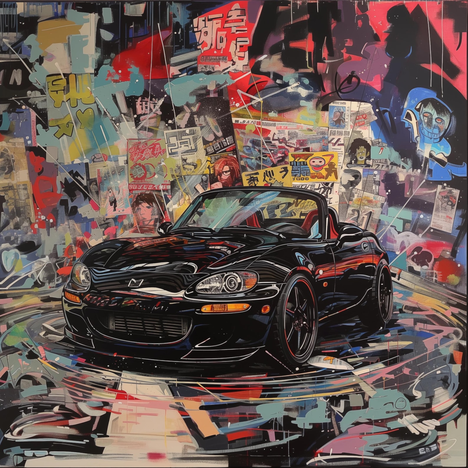 Vibrant Fusion: Black Mazda Miata Amidst Anime and Graffiti Dreamscape ...