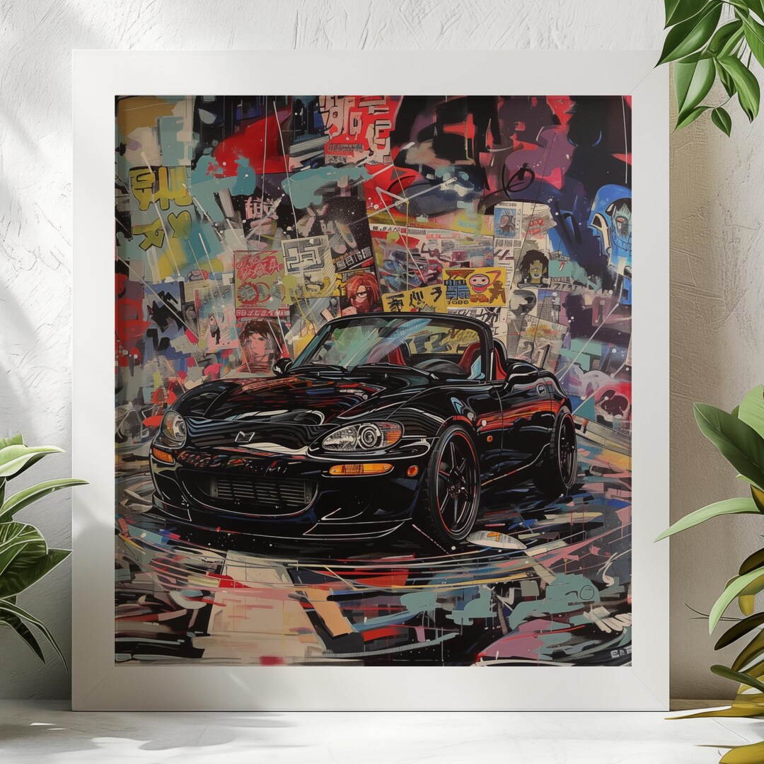 Vibrant Fusion: Black Mazda Miata Amidst Anime and Graffiti Dreamscape ...