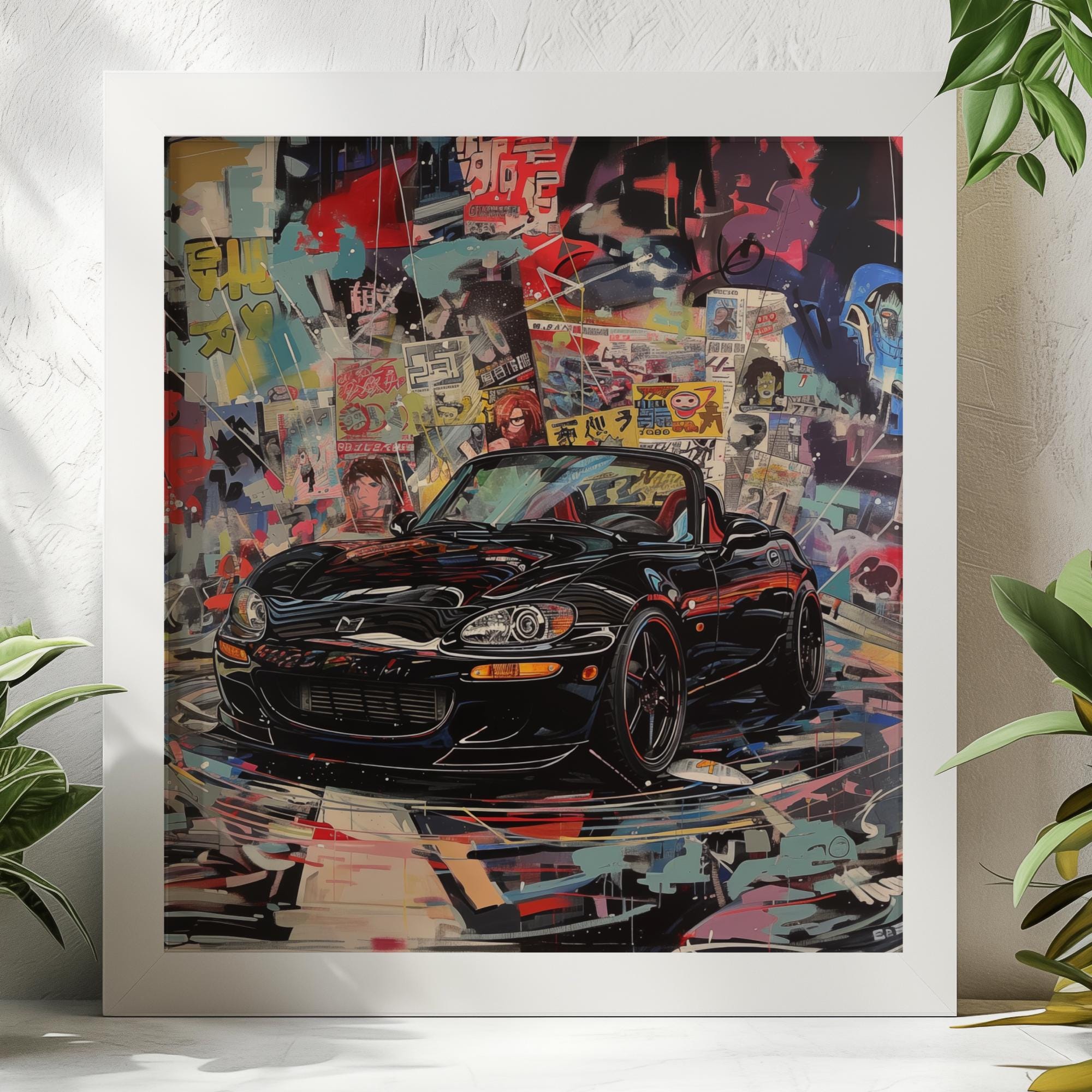 Vibrant Fusion: Black Mazda Miata Amidst Anime and Graffiti Dreamscape ...