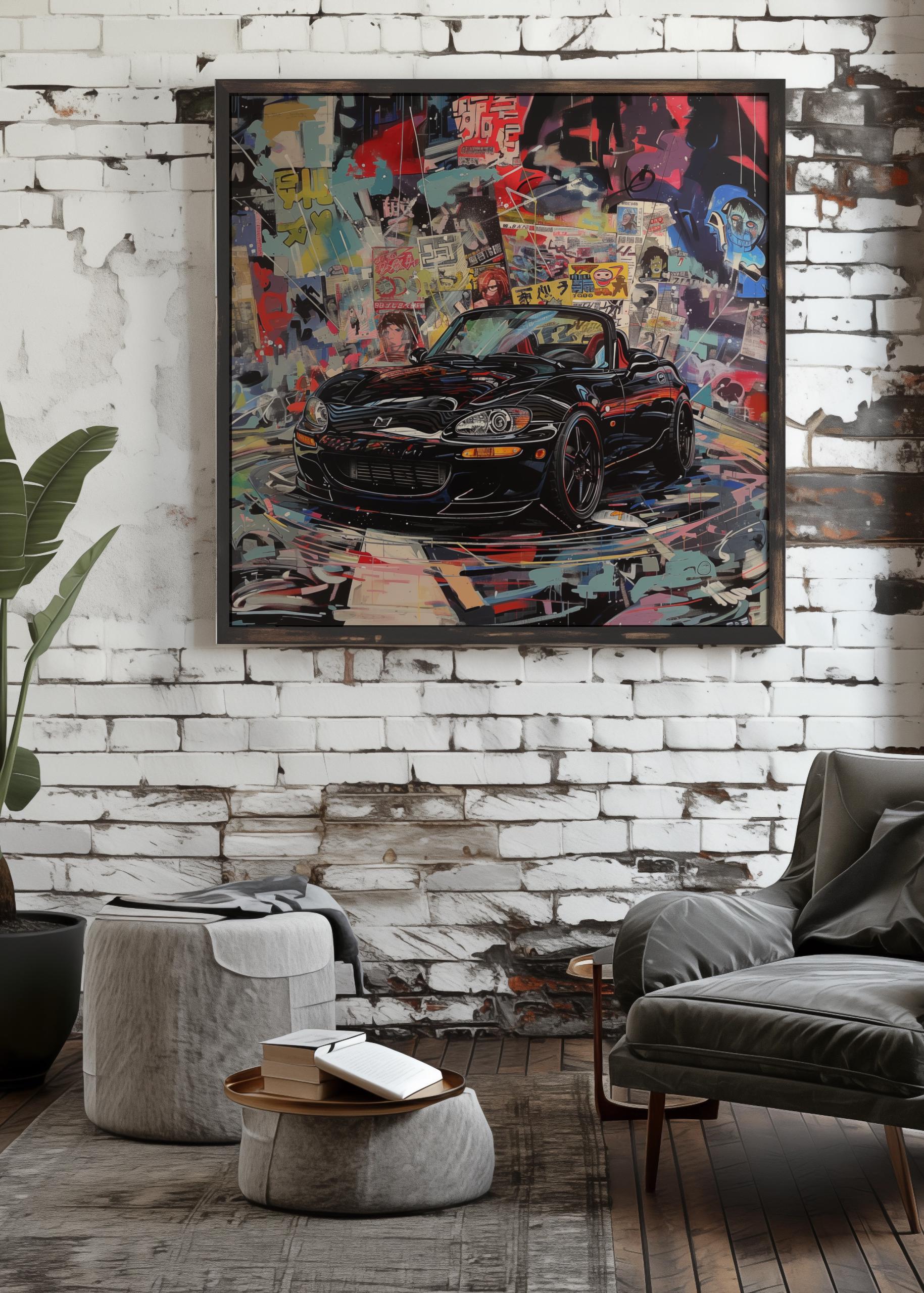 Vibrant Fusion: Black Mazda Miata Amidst Anime and Graffiti Dreamscape ...