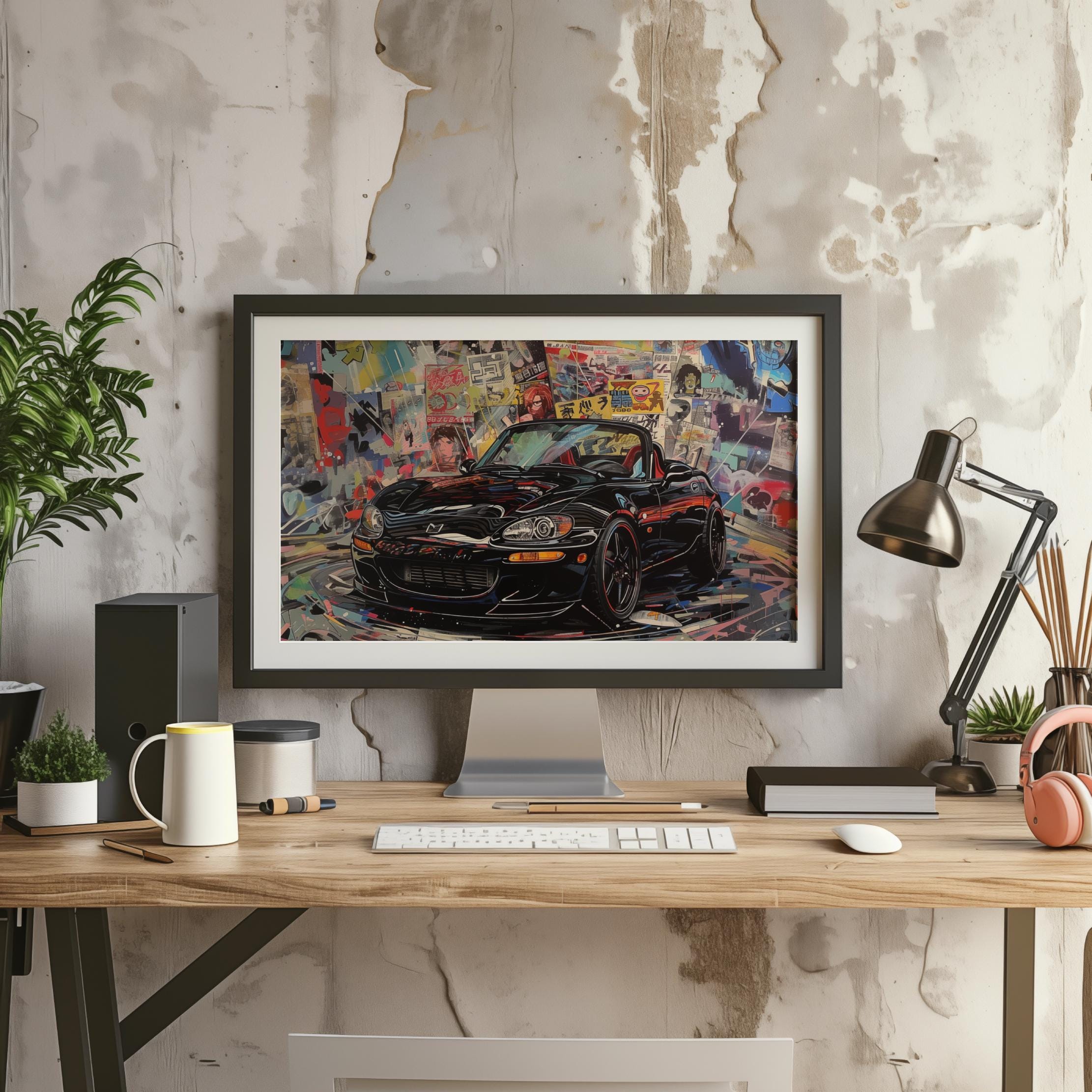 Vibrant Fusion: Black Mazda Miata Amidst Anime and Graffiti Dreamscape ...