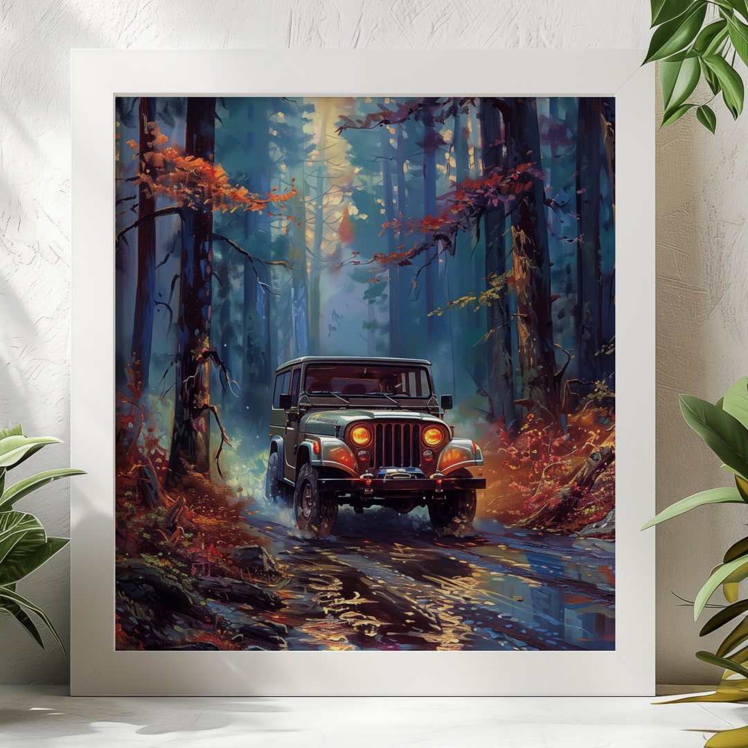 Enchanting Journey: A Jeep Through the Misty Forest, Jeep, Wall Art ...
