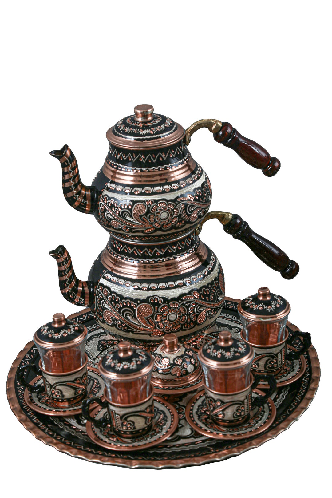 4 Piece Antique Copper Tea Set and Tea Pot, Copper Handmade, Arabic Tea ...