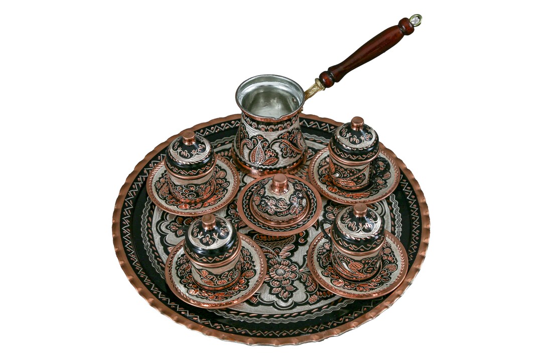 4 Pieces Turkish Copper Coffee Set With Coffee Pot, Turkish Coffee Set Arabic Coffee Set Turkish ...