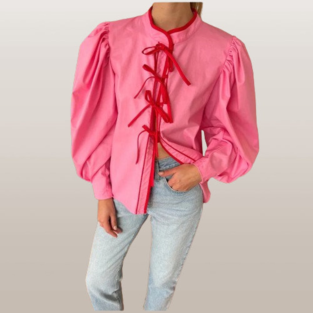 Contrast Bow Shirt, Lace up Shirt, Women Loose Top, Long Lantern ...