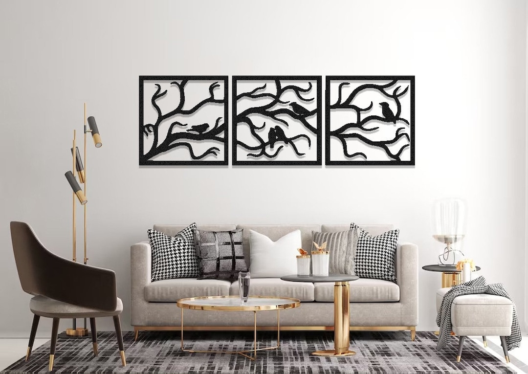 Metal Wall Decor, Birds on Branch 3 Panels, Metal Tree Wall Art, Tree ...