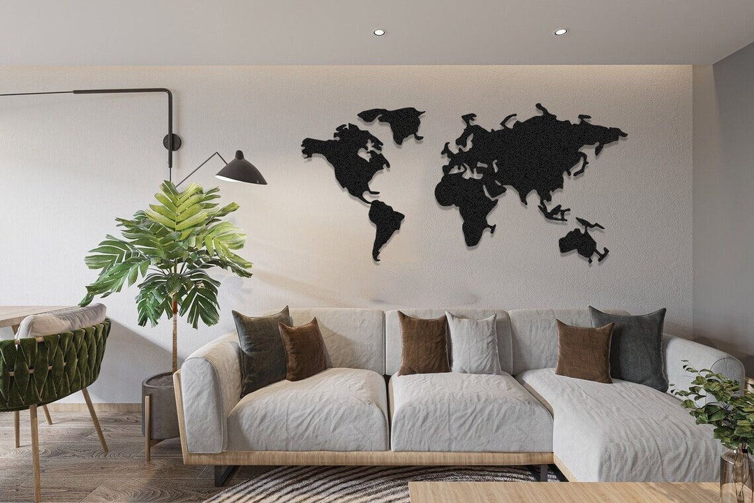 Large Metal World Map Wall Art: Modern Home Decor, Continent Wall ...