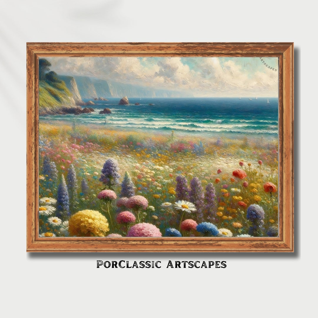 Digital Oil Painting of Windflower Field by the Sea, Spring Coastal ...
