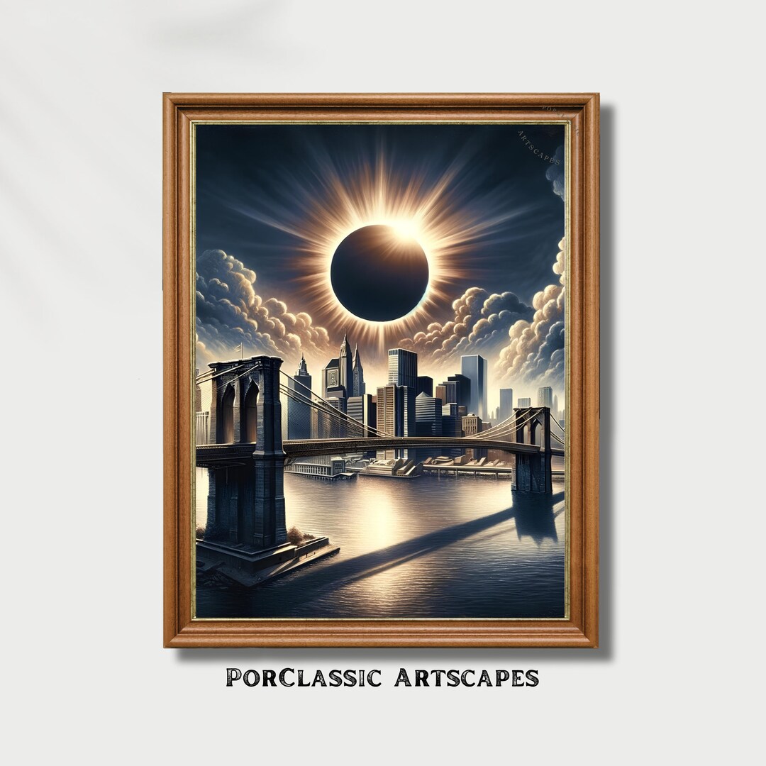 2024 Solar Eclipse Over NYC Bridge Digital Print, Vintage Oil Painting ...