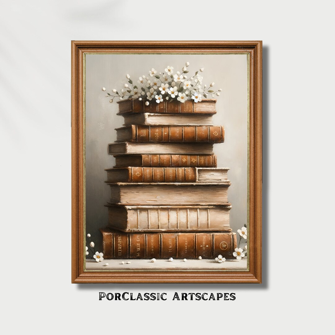 Rustic Spring Book Stack Digital Print - Vintage Style Wall Art With ...