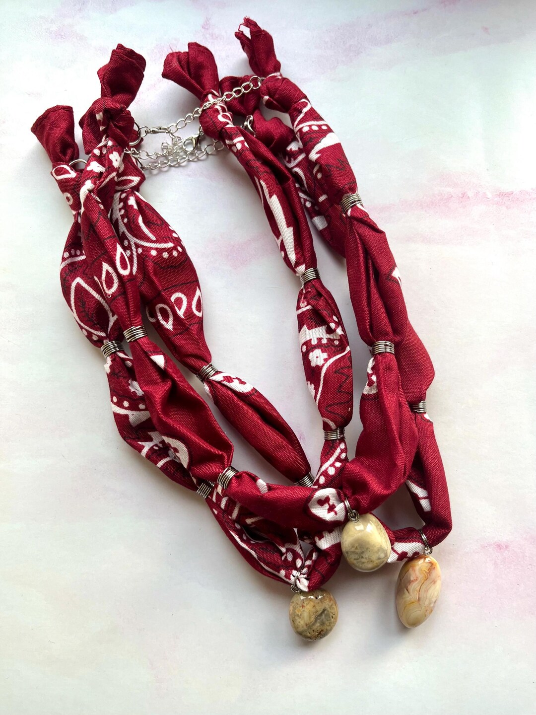 Burgundy Bandana Natural Stone Amethyst Charm Necklace / Boho Style ...