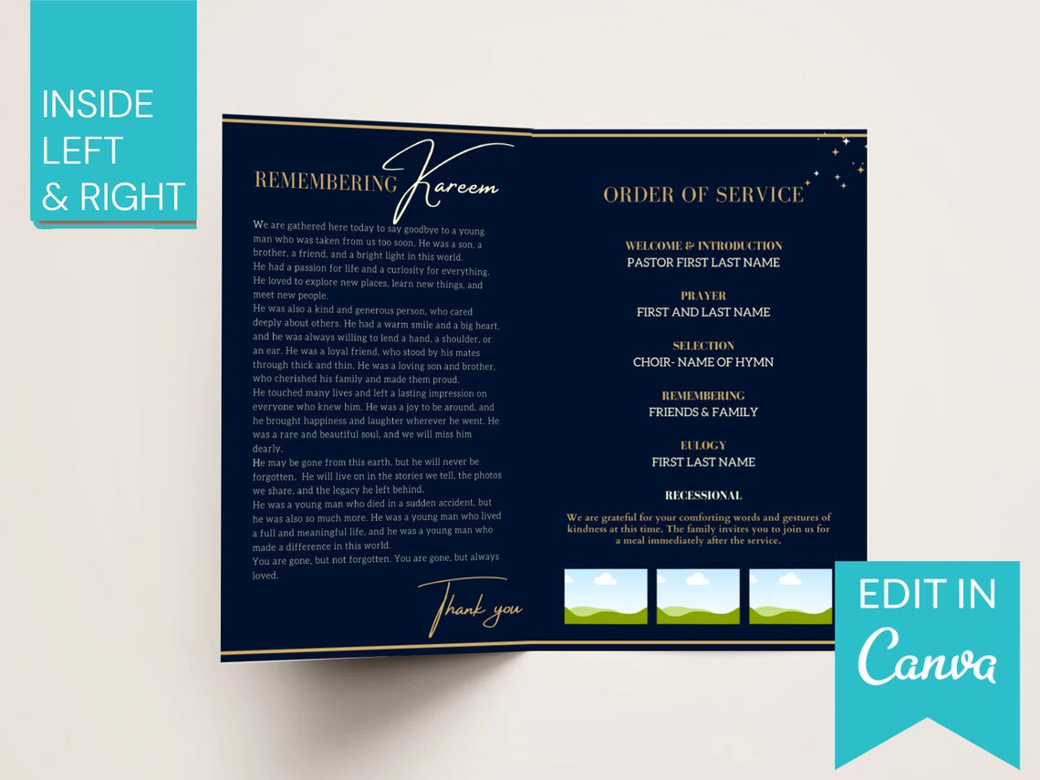 8.5"x11" BOOKLET Memorial Program (6 Pages) DARK BLUE Funeral Program ...