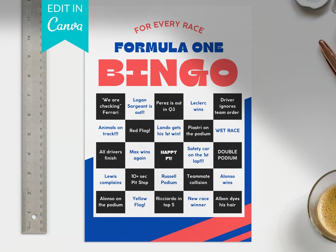 Formula 1 Bingo Card 2024 Editable, F1 Bingo Card, Funny Racing Game for Fans, Perfect for Race ...