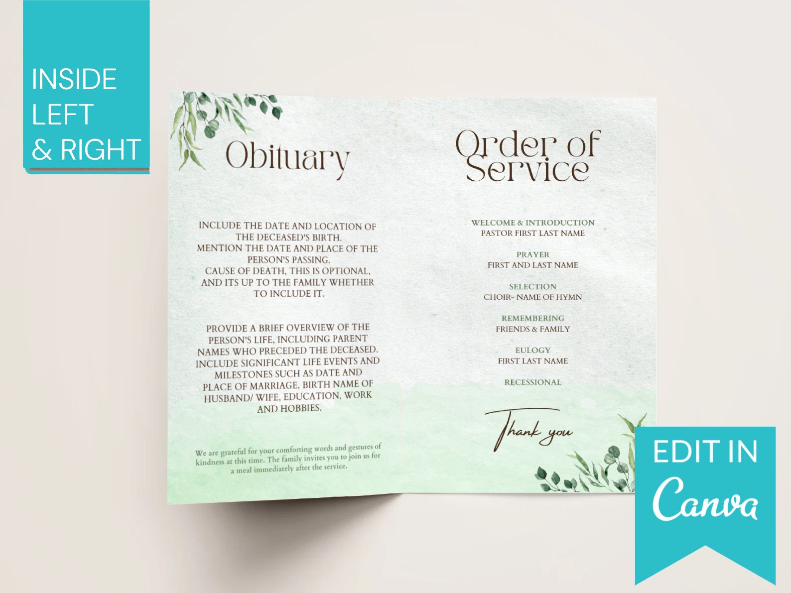 Canva Funeral Program Template Editable Eucalyptus Obituary Template ...