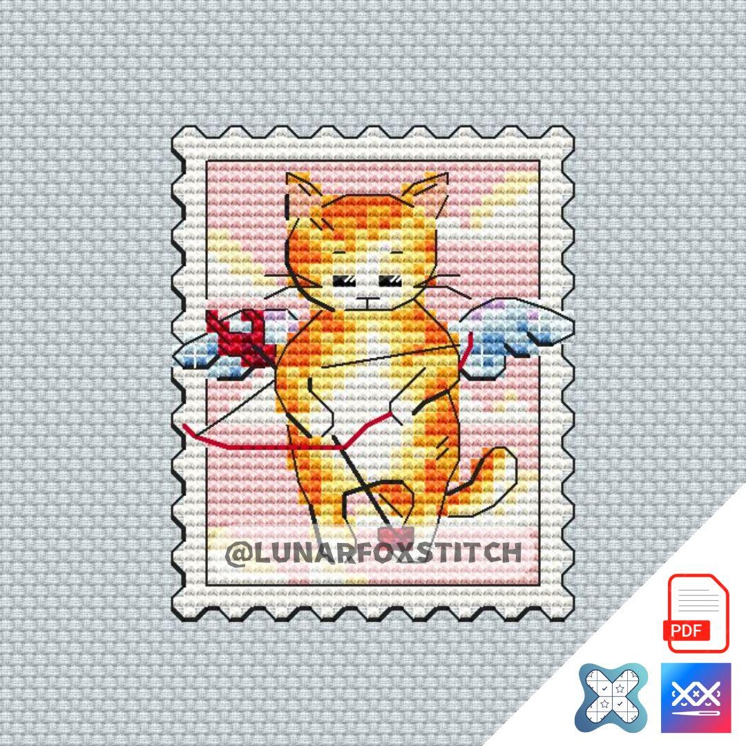 Cupid Cat Postage Stamp Cross Stitch Pattern - February 14th Valentine ...