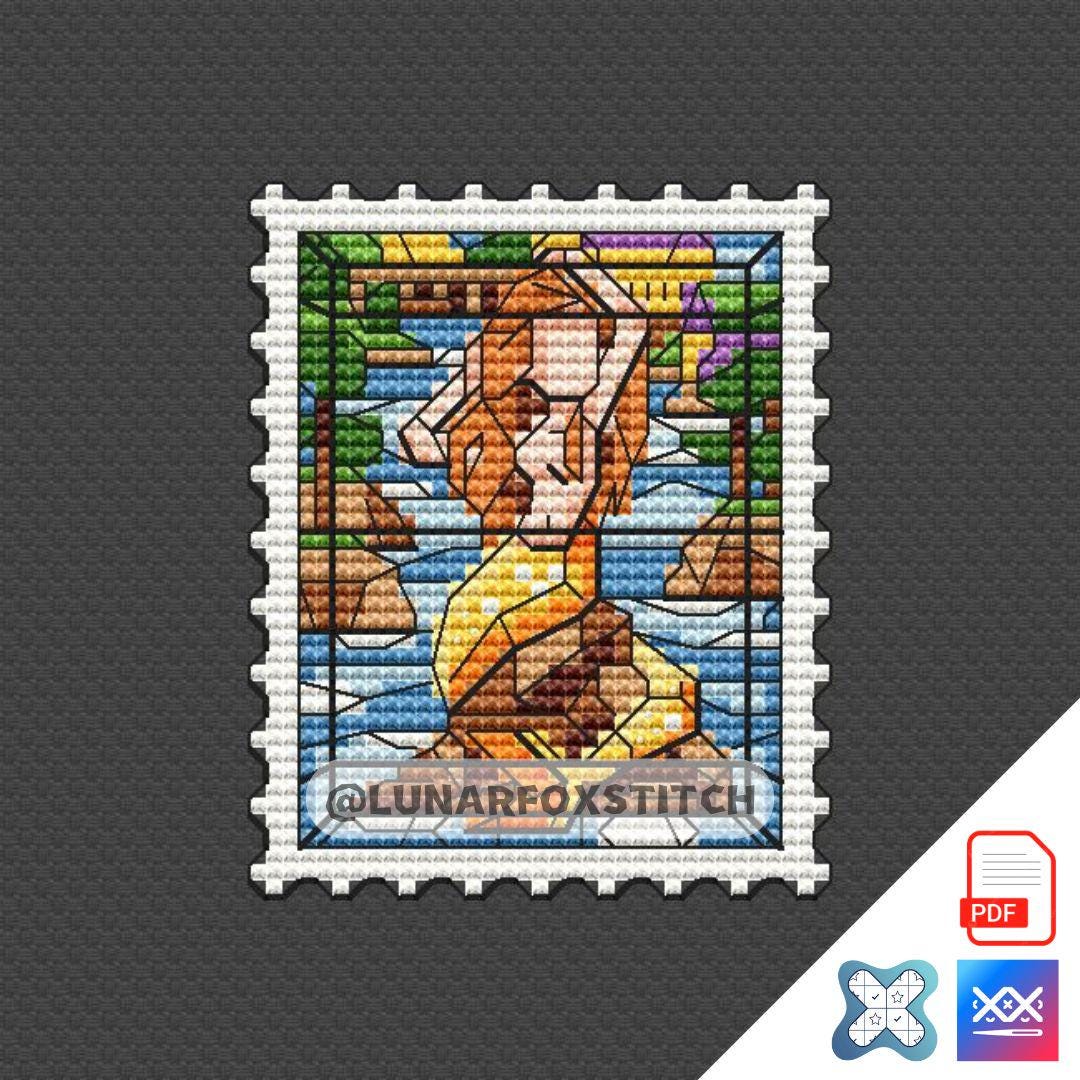 Mermaid Stained Glass Postage Stamp Cross Stitch Pattern - Wizard ...