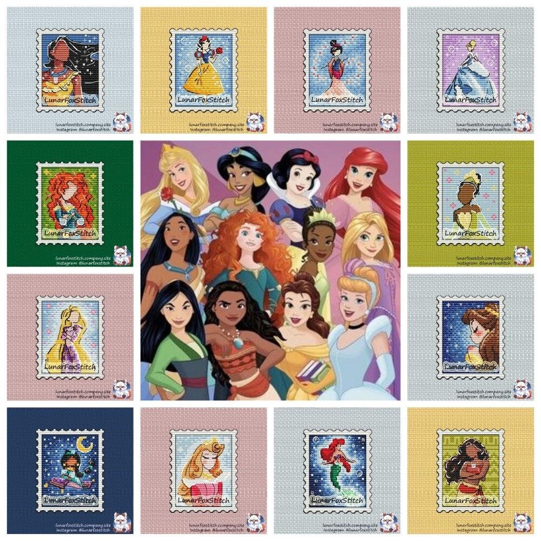 Princess - Set of 12 - Postage Stamp Cross Stitch Pattern - Dress Girl ...
