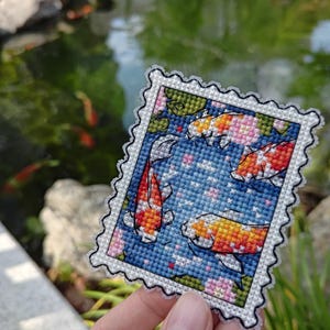 Japanese Koi Pond Postage Stamp Cross Stitch Pattern - Carp Embroidery ...