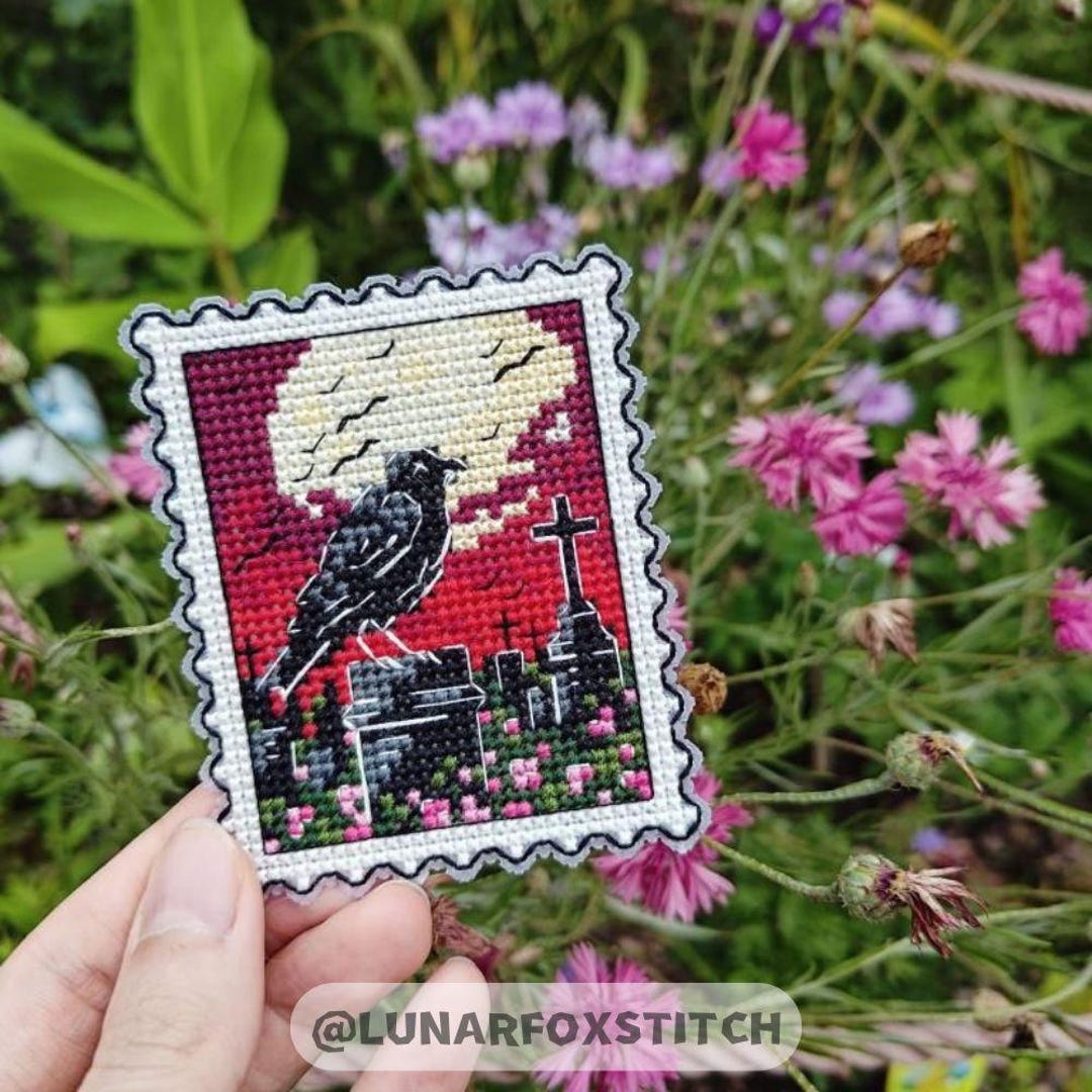 Raven Crow Halloween Postage Stamp Cross Stitch Pattern - Gothic Bird ...