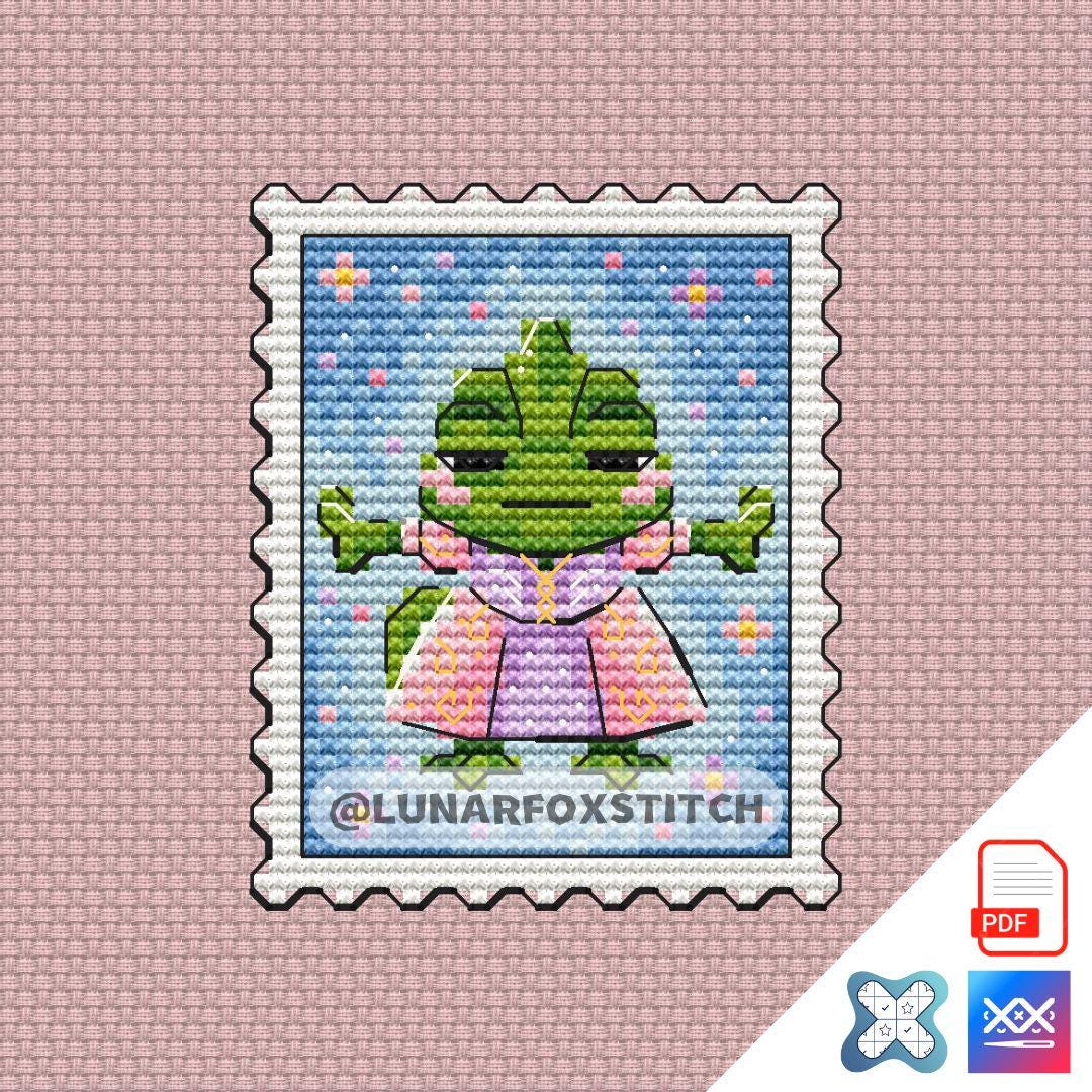 Chameleon in a Pink Dress Postage Stamp Cross Stitch Pattern - Princess ...