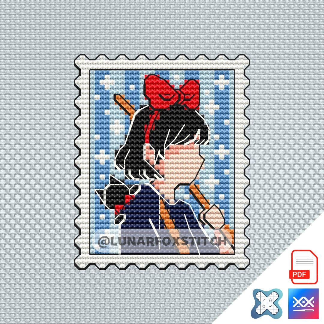 Anime Witch Postage Stamp Cross Stitch Pattern - Black Cat Wizard Japan ...