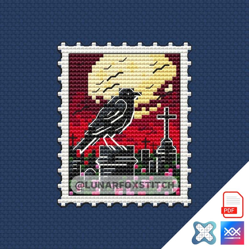 Raven Crow Halloween Postage Stamp Cross Stitch Pattern - Gothic Bird ...
