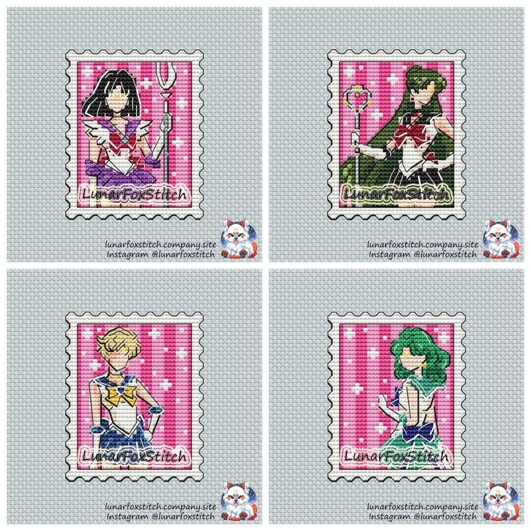 Sailor Anime Girl 4 Set Postage Stamp Cross Stitch Pattern Cute Pink ...