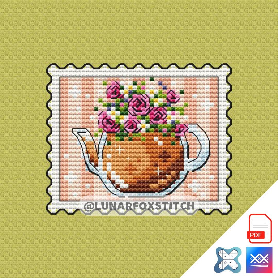 Tea Time Postage Stamp Cross Stitch Pattern - Flower England London ...