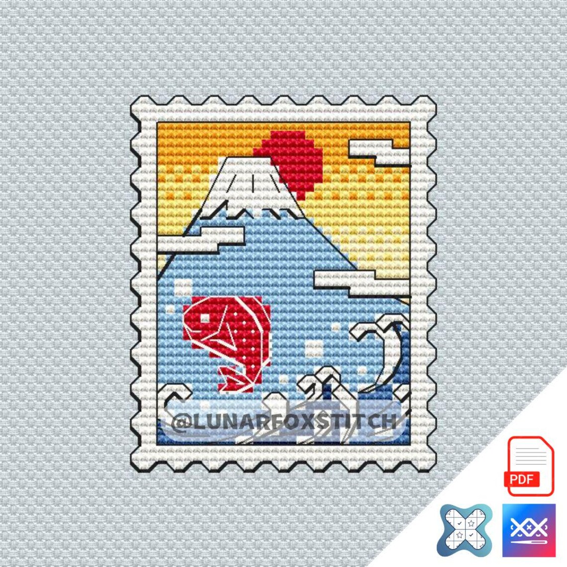 Mount Fuji Japan Postage Stamp Cross Stitch Pattern - Tokyo Travel ...